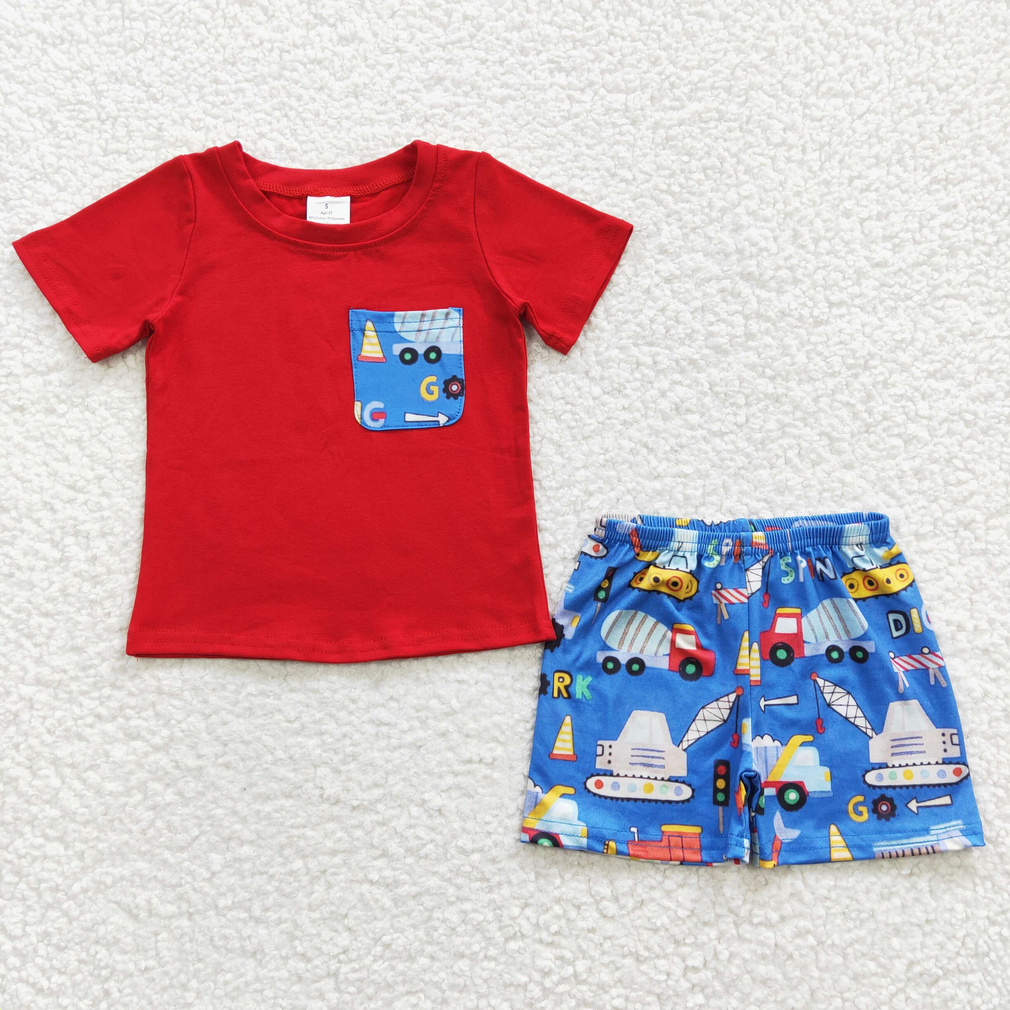 Boys red top construction print summer outfits BSSO0233 – baby skirts